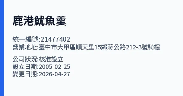鹿港魷魚羹的照片-統編 21477402(臺中市) 公司登記資料與營業項目詳細圖表