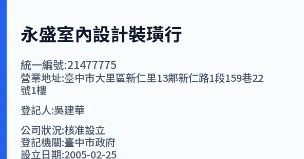 永盛室內設計裝璜行的照片-統編 21477775(臺中市) 公司登記資料與營業項目詳細圖表