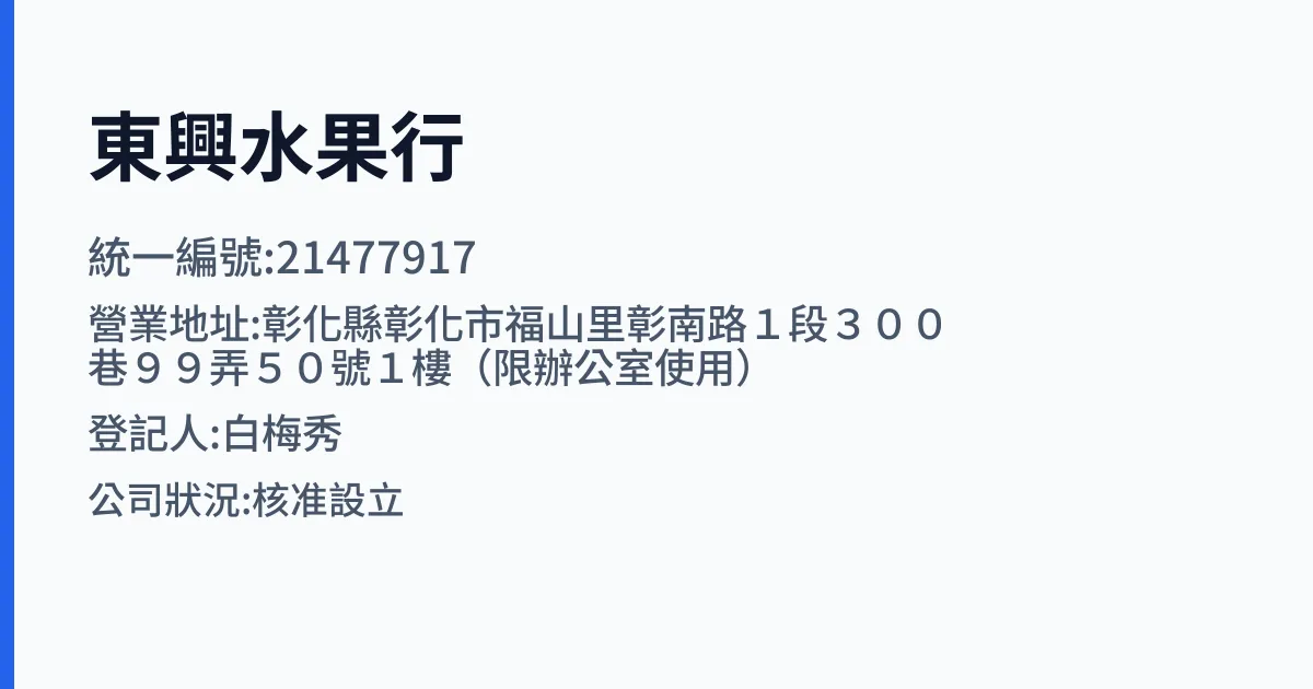 東興水果行 - 統編 21477917(彰化縣) 公司登記資料與營業項目詳細圖表