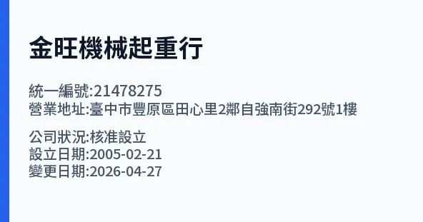 金旺機械起重行的照片-統編 21478275(臺中市) 公司登記資料與營業項目詳細圖表