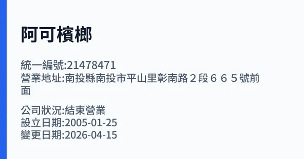阿可檳榔的照片-統編 21478471(南投縣) 公司登記資料與營業項目詳細圖表