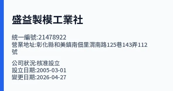 盛益製模工業社的照片-統編 21478922(彰化縣) 公司登記資料與營業項目詳細圖表