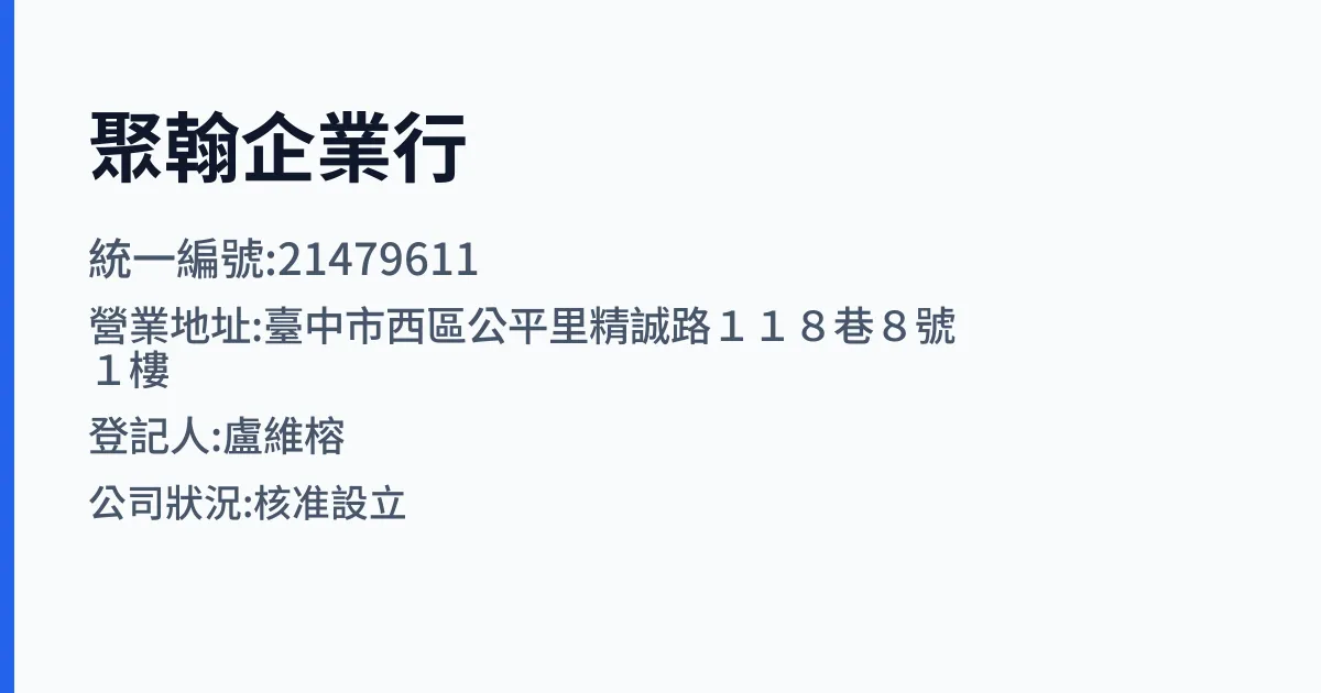 聚翰企業行 - 統編 21479611(臺中市) 公司登記資料與營業項目詳細圖表