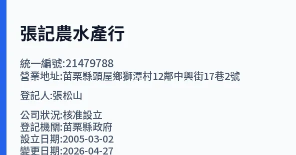 張記農水產行的照片-統編 21479788(苗栗縣) 公司登記資料與營業項目詳細圖表