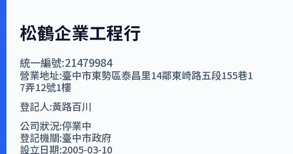 松鶴企業工程行的照片-統編 21479984(臺中市) 公司登記資料與營業項目詳細圖表