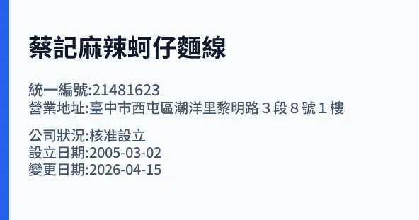 蔡記麻辣蚵仔麵線的照片-統編 21481623(臺中市) 公司登記資料與營業項目詳細圖表