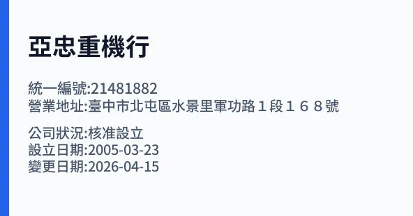 亞忠重機行的照片-統編 21481882(臺中市) 公司登記資料與營業項目詳細圖表