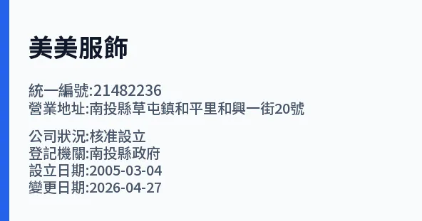 美美服飾的照片-統編 21482236(南投縣) 公司登記資料與營業項目詳細圖表