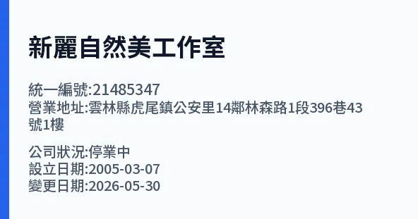 新麗自然美工作室的照片-統編 21485347(雲林縣) 公司登記資料與營業項目詳細圖表