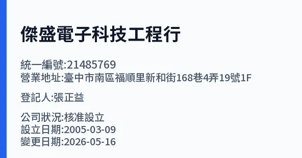 傑盛電子科技工程行的照片-統編 21485769(臺中市) 公司登記資料與營業項目詳細圖表