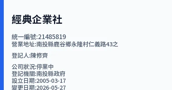 經典企業社的照片-統編 21485819(南投縣) 公司登記資料與營業項目詳細圖表