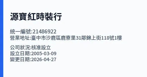源寶紅時裝行的照片-統編 21486922(臺中市) 公司登記資料與營業項目詳細圖表