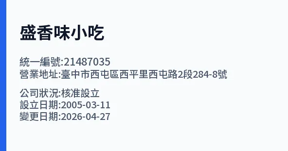 盛香味小吃的照片-統編 21487035(臺中市) 公司登記資料與營業項目詳細圖表
