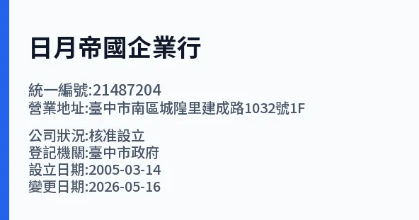 日月帝國企業行的照片-統編 21487204(臺中市) 公司登記資料與營業項目詳細圖表