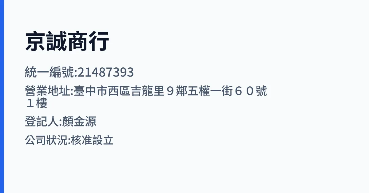 京誠商行 - 統編 21487393(臺中市) 公司登記資料與營業項目詳細圖表