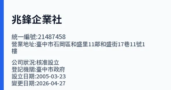 兆鋒企業社的照片-統編 21487458(臺中市) 公司登記資料與營業項目詳細圖表