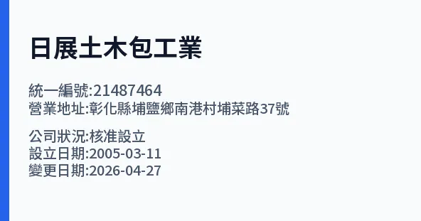 日展土木包工業的照片-統編 21487464(彰化縣) 公司登記資料與營業項目詳細圖表
