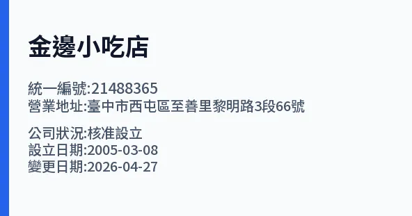金邊小吃店的照片-統編 21488365(臺中市) 公司登記資料與營業項目詳細圖表