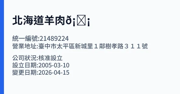 北海道羊肉𡙡的照片-統編 21489224(臺中市) 公司登記資料與營業項目詳細圖表