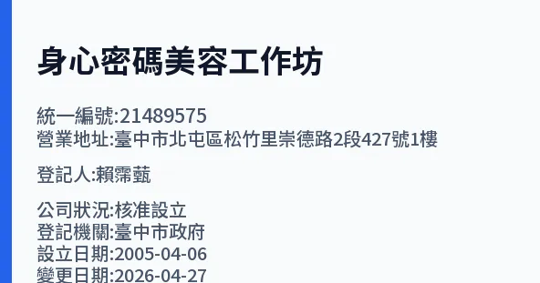 身心密碼美容工作坊的照片-統編 21489575(臺中市) 公司登記資料與營業項目詳細圖表
