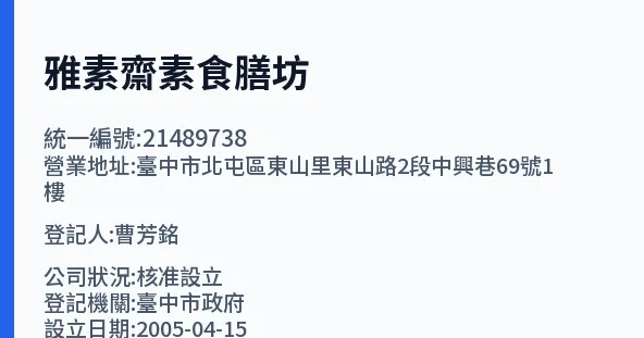 雅素齋素食膳坊的照片-統編 21489738(臺中市) 公司登記資料與營業項目詳細圖表