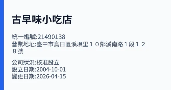古早味小吃店的照片-統編 21490138(臺中市) 公司登記資料與營業項目詳細圖表