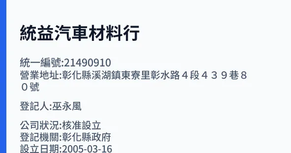 統益汽車材料行的照片-統編 21490910(彰化縣) 公司登記資料與營業項目詳細圖表