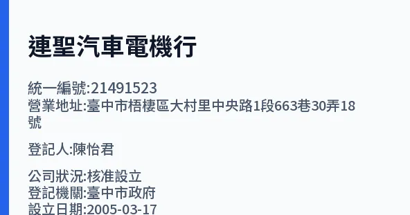 連聖汽車電機行的照片-統編 21491523(臺中市) 公司登記資料與營業項目詳細圖表