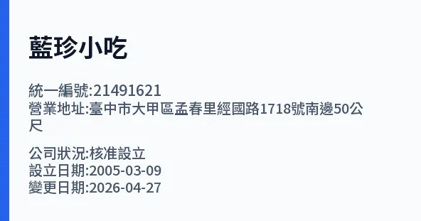 藍珍小吃的照片-統編 21491621(臺中市) 公司登記資料與營業項目詳細圖表