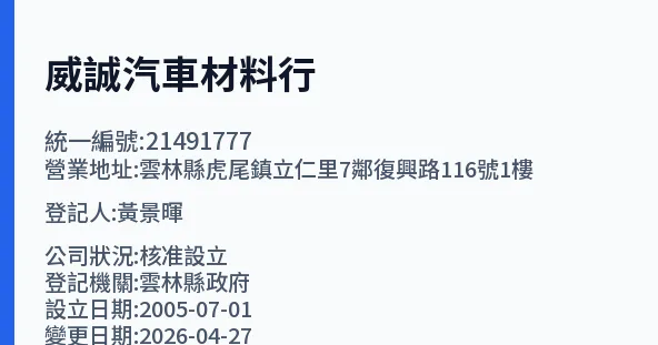 威誠汽車材料行的照片-統編 21491777(雲林縣) 公司登記資料與營業項目詳細圖表
