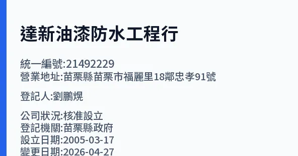 達新油漆防水工程行的照片-統編 21492229(苗栗縣) 公司登記資料與營業項目詳細圖表