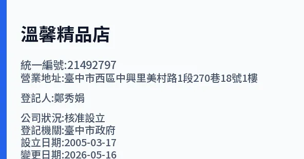溫馨精品店的照片-統編 21492797(臺中市) 公司登記資料與營業項目詳細圖表
