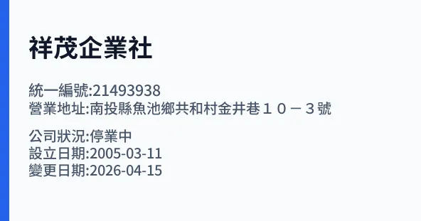 祥茂企業社的照片-統編 21493938(南投縣) 公司登記資料與營業項目詳細圖表