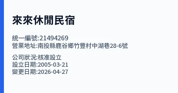 來來休閒民宿的照片-統編 21494269(南投縣) 公司登記資料與營業項目詳細圖表