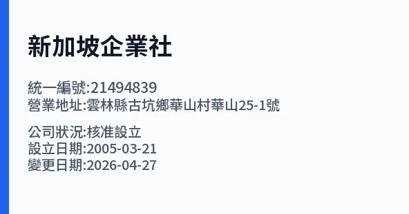新加坡企業社的照片-統編 21494839(雲林縣) 公司登記資料與營業項目詳細圖表