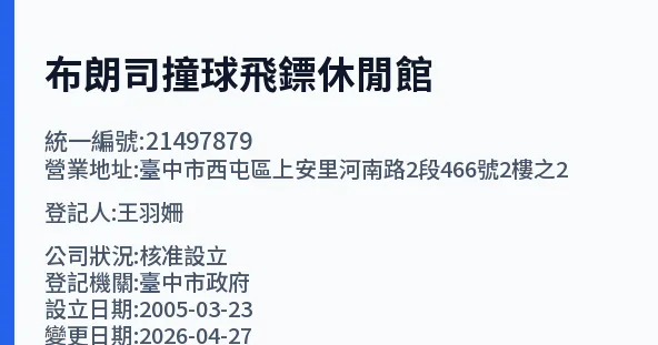 布朗司撞球飛鏢休閒館的照片-統編 21497879(臺中市) 公司登記資料與營業項目詳細圖表