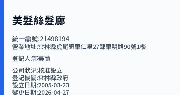 美髮絲髮廊的照片-統編 21498194(雲林縣) 公司登記資料與營業項目詳細圖表