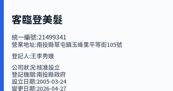 客臨登美髮的照片-統編 21499341(南投縣) 公司登記資料與營業項目詳細圖表