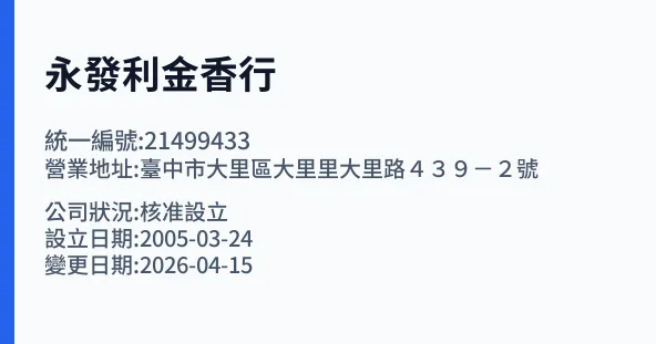 永發利金香行的照片-統編 21499433(臺中市) 公司登記資料與營業項目詳細圖表
