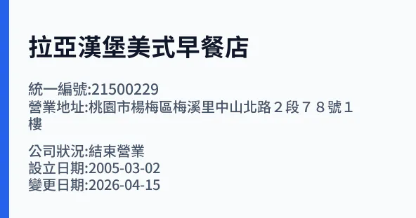 拉亞漢堡美式早餐店的照片-統編 21500229(桃園市) 公司登記資料與營業項目詳細圖表