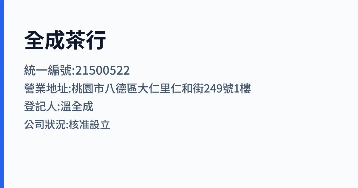 全成茶行 - 統編 21500522(桃園市) 公司登記資料與營業項目詳細圖表