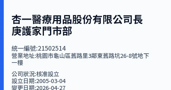 杏一醫療用品股份有限公司長庚護家門市部的照片-統編 21502514(桃園市) 公司登記資料與營業項目詳細圖表
