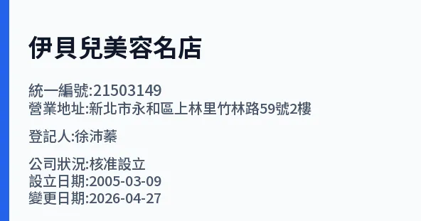 伊貝兒美容名店的照片-統編 21503149(新北市) 公司登記資料與營業項目詳細圖表
