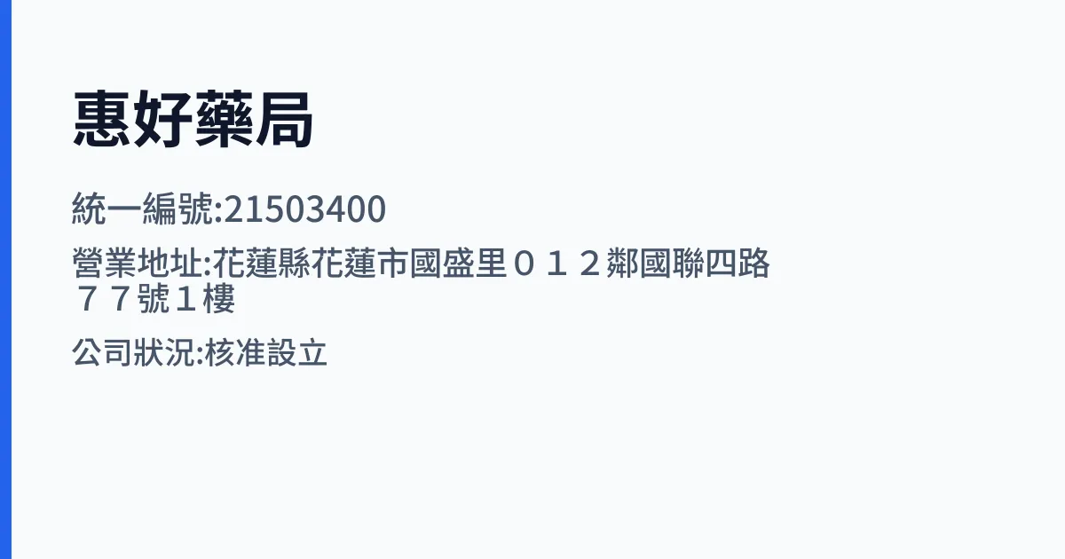 惠好藥局 - 統編 21503400(花蓮縣) 公司登記資料與營業項目詳細圖表