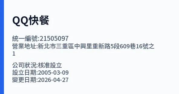 QQ快餐的照片-統編 21505097(新北市) 公司登記資料與營業項目詳細圖表