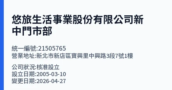 悠旅生活事業股份有限公司新中門市部的照片-統編 21505765(新北市) 公司登記資料與營業項目詳細圖表