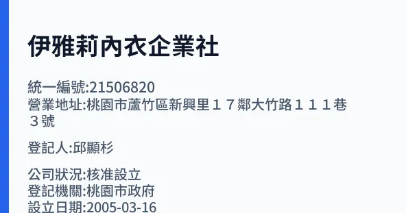 伊雅莉內衣企業社的照片-統編 21506820(桃園市) 公司登記資料與營業項目詳細圖表