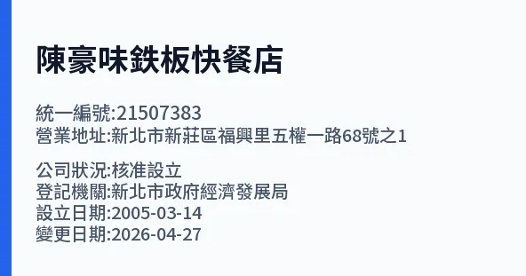 陳豪味鉄板快餐店的照片-統編 21507383(新北市) 公司登記資料與營業項目詳細圖表
