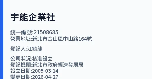 宇能企業社的照片-統編 21508685(新北市) 公司登記資料與營業項目詳細圖表