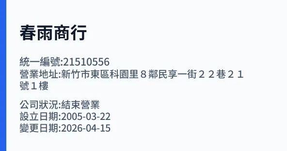 春雨商行的照片-統編 21510556(新竹市) 公司登記資料與營業項目詳細圖表